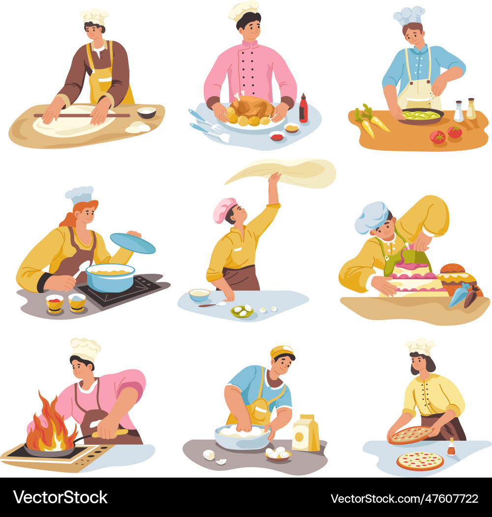 Cooking people chefs at work preparing dishes Vector Image