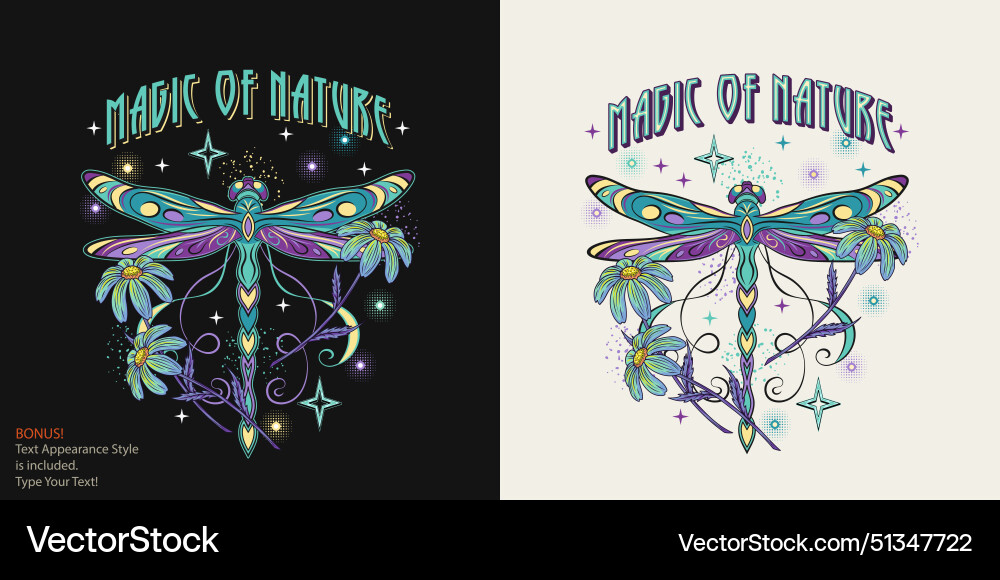 Mysterious label with dragonfly chamomile text Vector Image