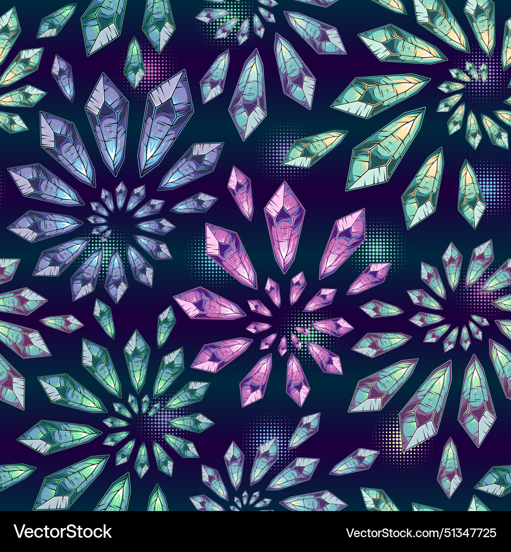 Fractal pattern with glowing crystal gems on black