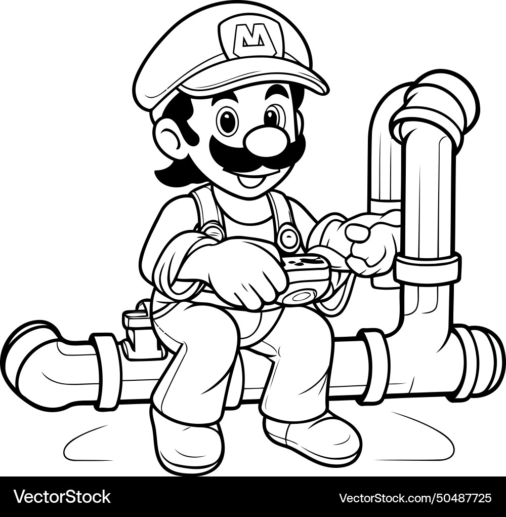 Plumber with pipe - black and white cartoon Vector Image