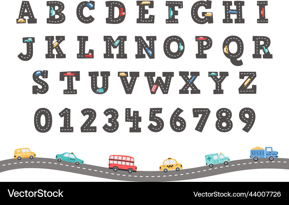 Road alphabet funny letters and numbers with hand Vector Image
