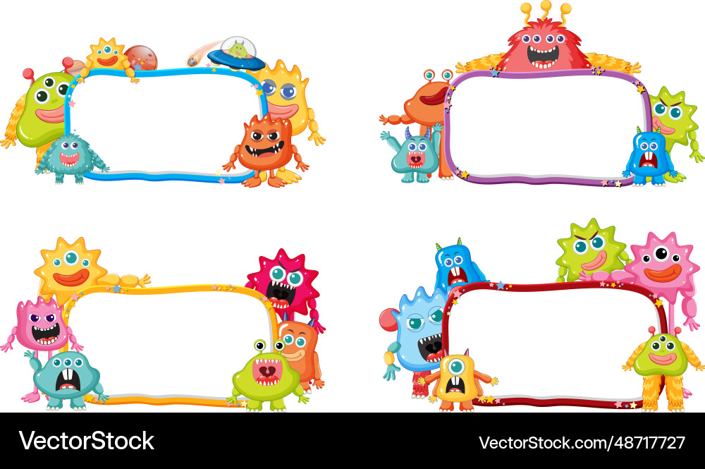 Cute alien monsters cartoon next to frame board Vector Image
