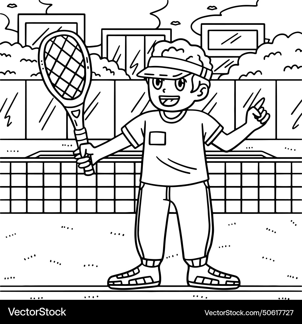 Tennis coach with a racket coloring page Vector Image
