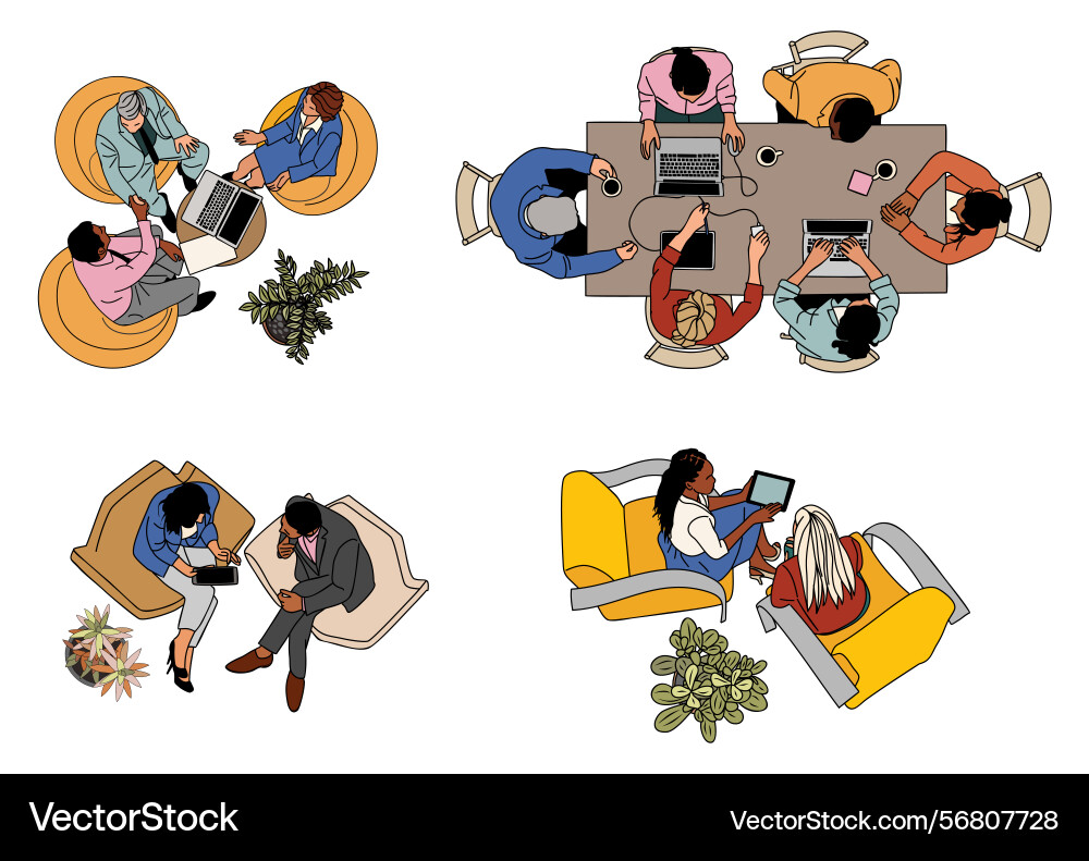 Flat set of business scenes top view Royalty Free Vector