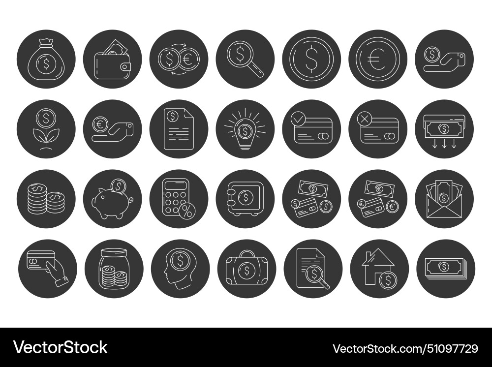 Money and payment methods white outline icon set Vector Image