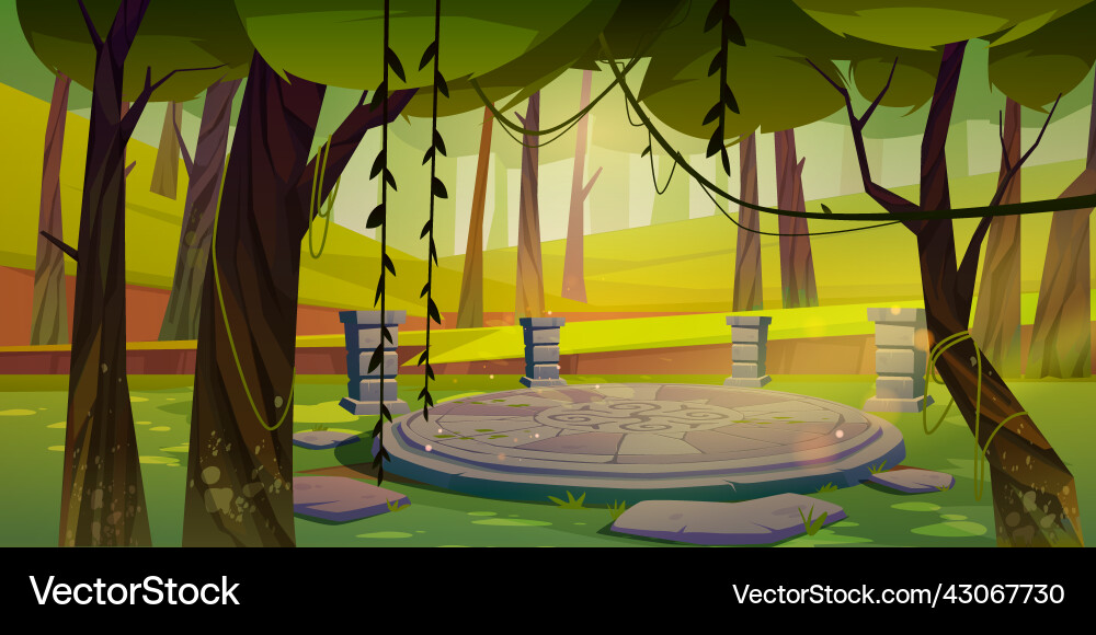 Ancient ruins with circle stone platform in jungle