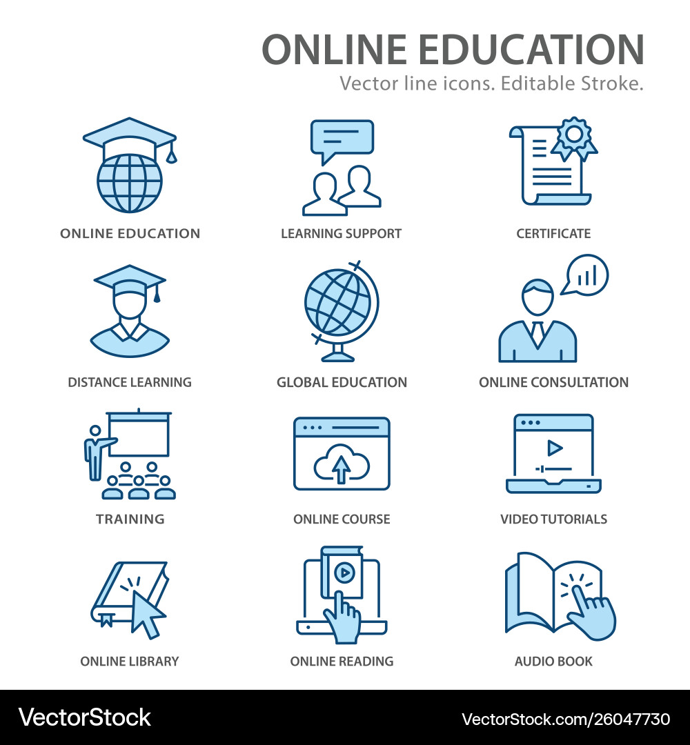 Online distance education flat line icons Vector Image
