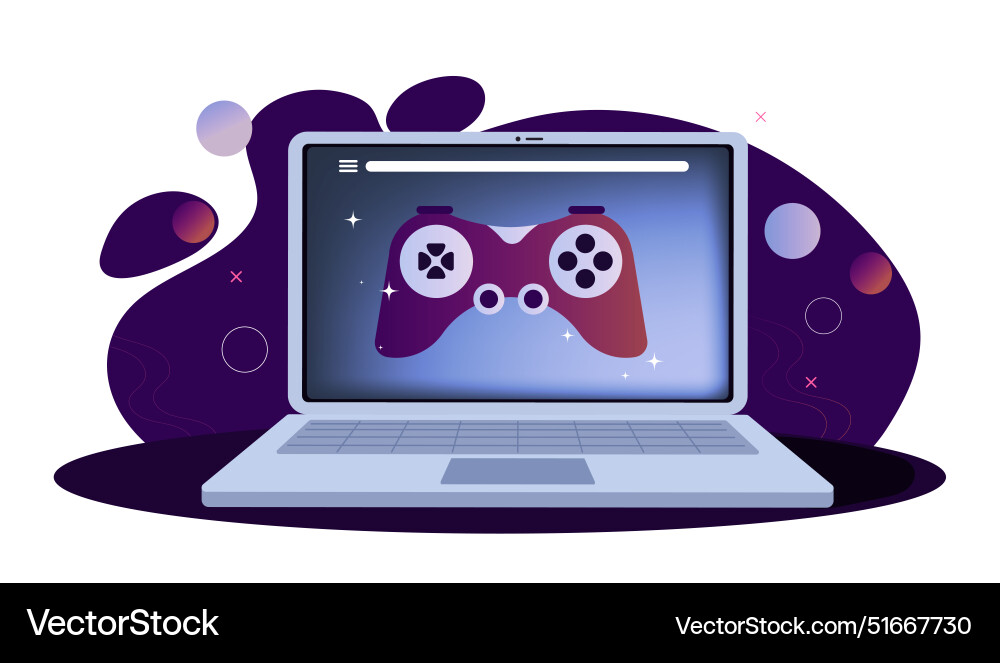 Video games at laptop computer with gamepad Vector Image