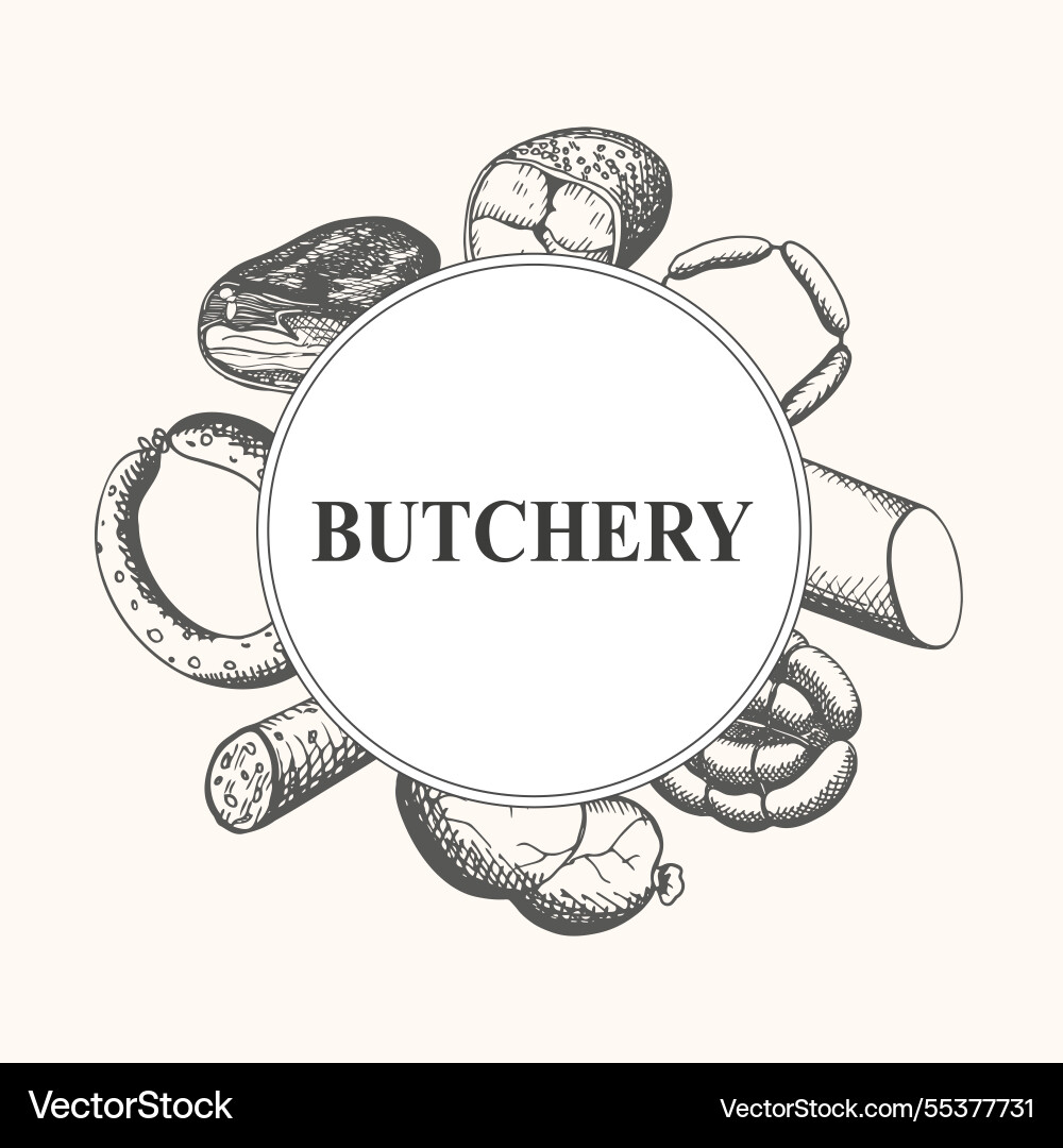 Butchery border with different kind sausages Vector Image