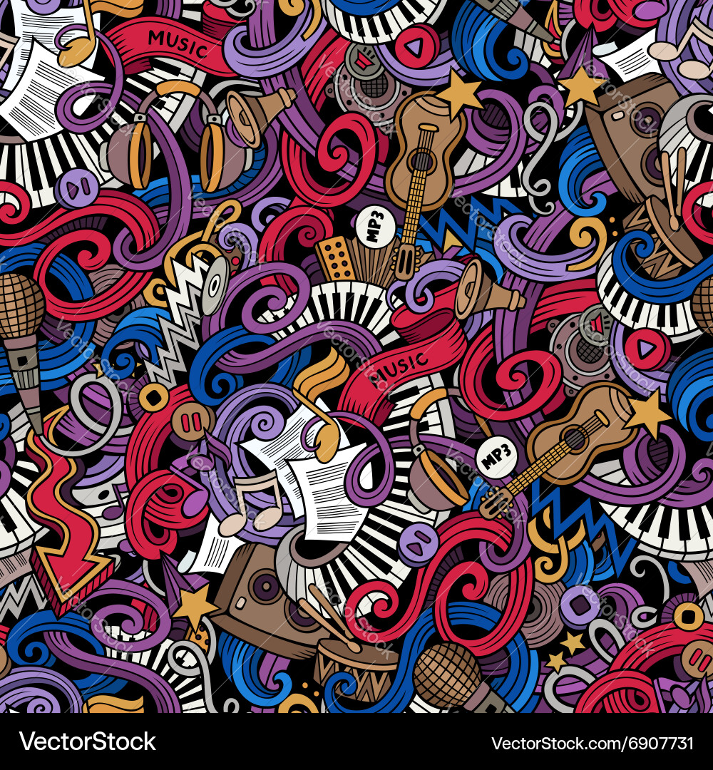 Cartoon hand-drawn doodles music seamless pattern Vector Image