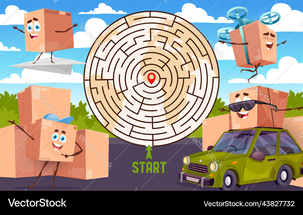 Labyrinth maze with cartoon package box characters