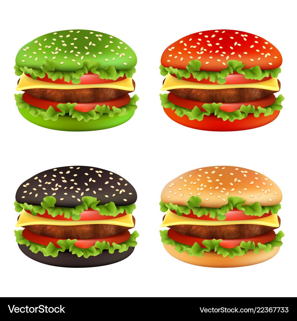 Colored burgers fast food black cheeseburger Vector Image