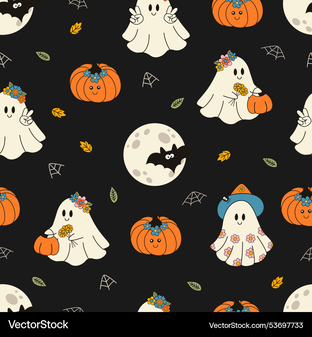 Seamless pattern with cute ghosts pumpkin Vector Image