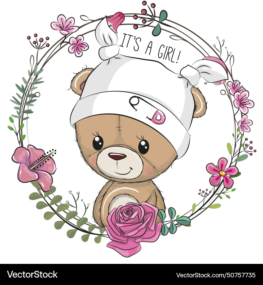 Cartoon teddy bear girl with a floral wreath Vector Image