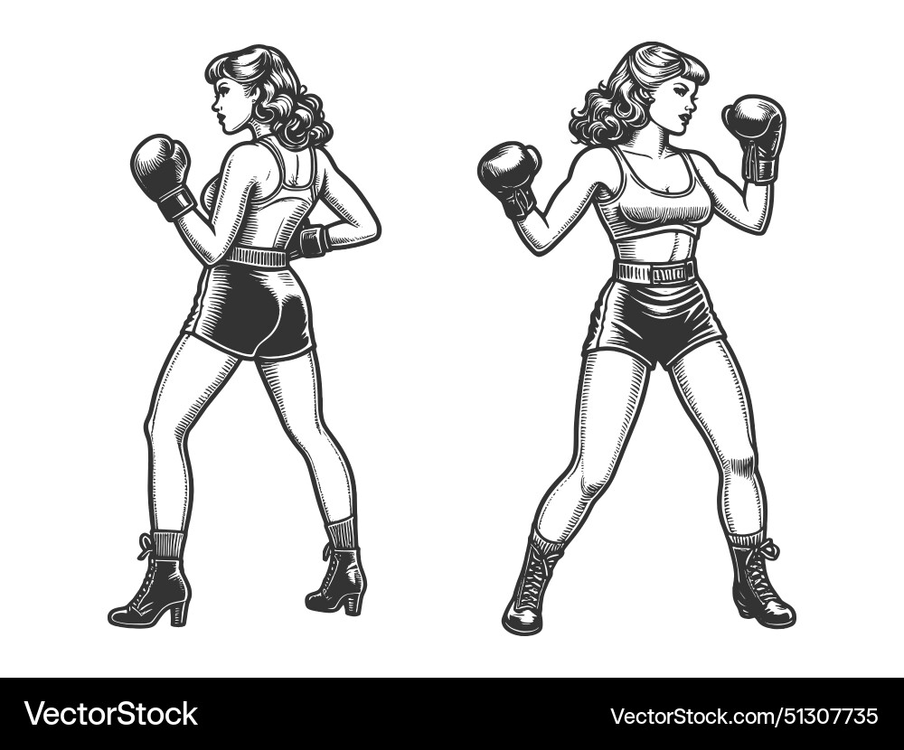 Female boxer ready to fight engraving Royalty Free Vector