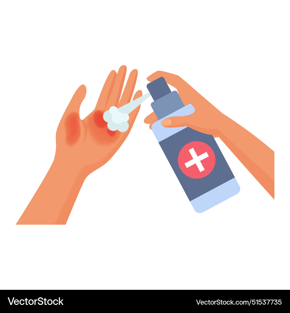 Hand applying healing spray from bottle with Vector Image