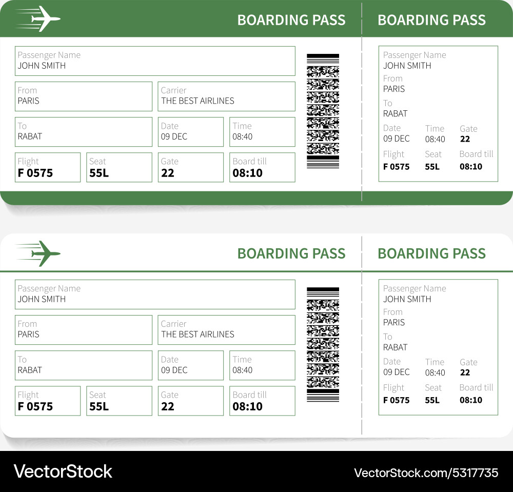 Plane tickets green boarding pass and gate number Vector Image