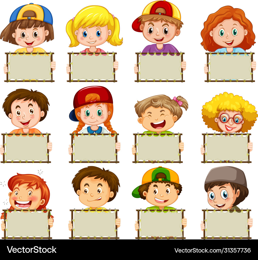 Blank sign template with happy children on white Vector Image