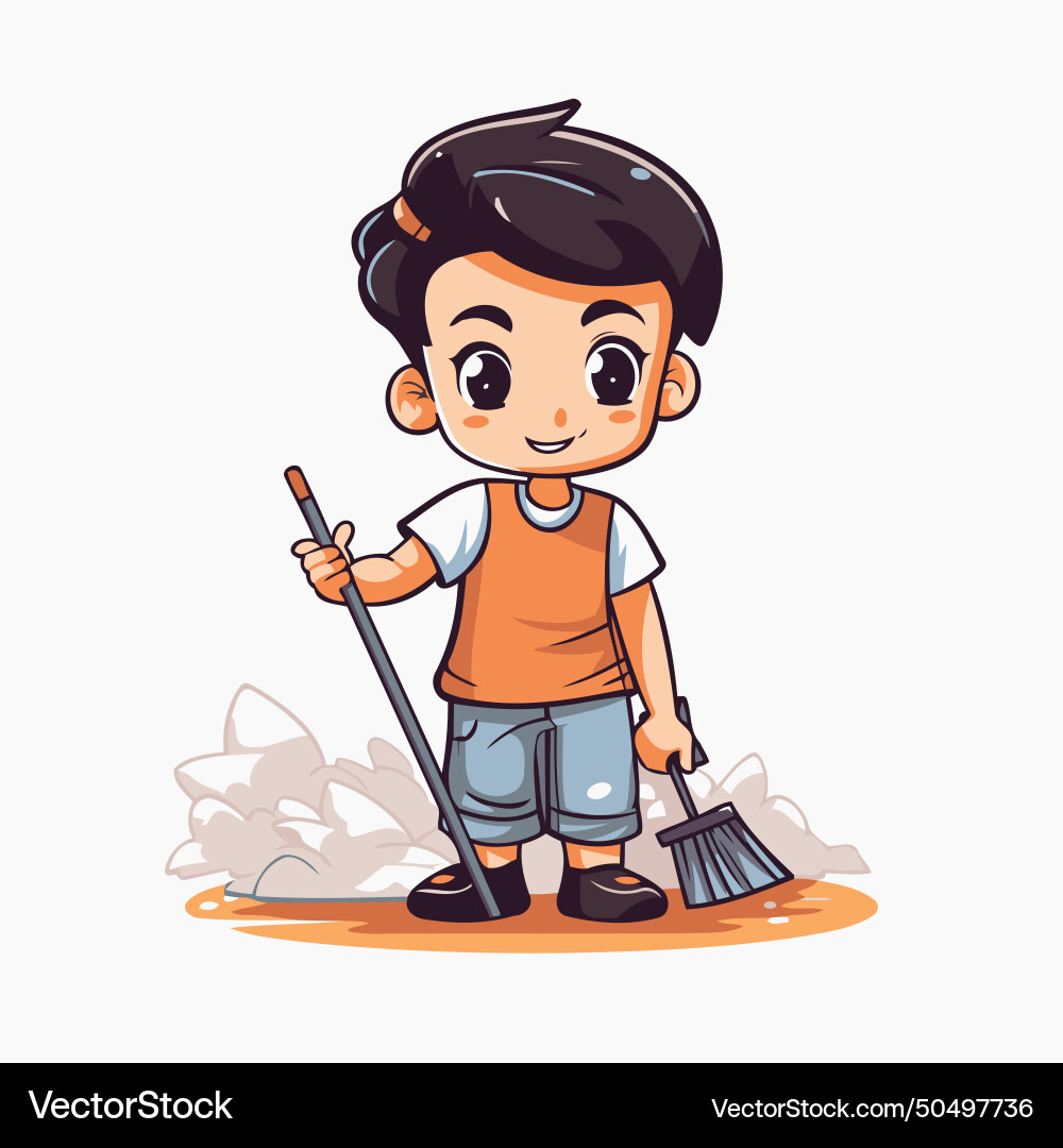 Cute boy cleaning the floor with a broom Vector Image