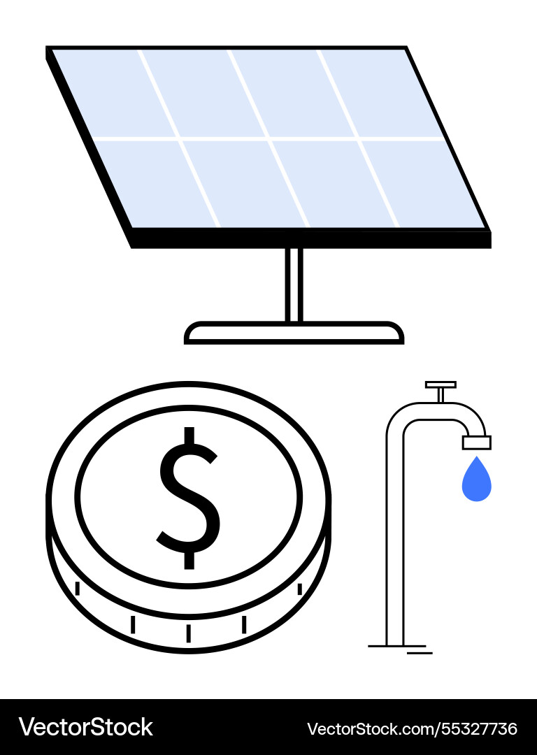 Solar panel with dollar coin and water tap Vector Image