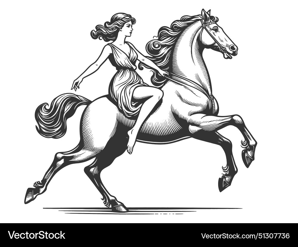 Woman riding a galloping horse engraving Vector Image