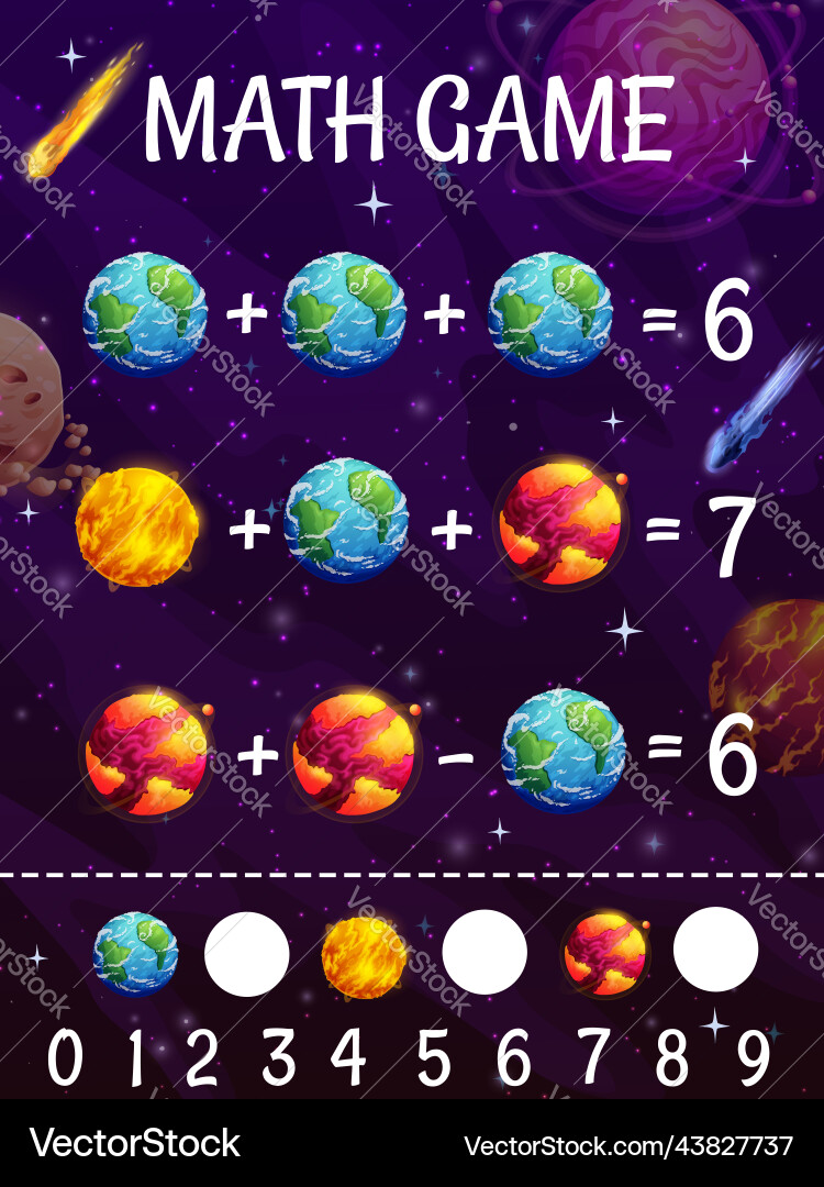 Math game worksheet with cartoon planets comets Vector Image