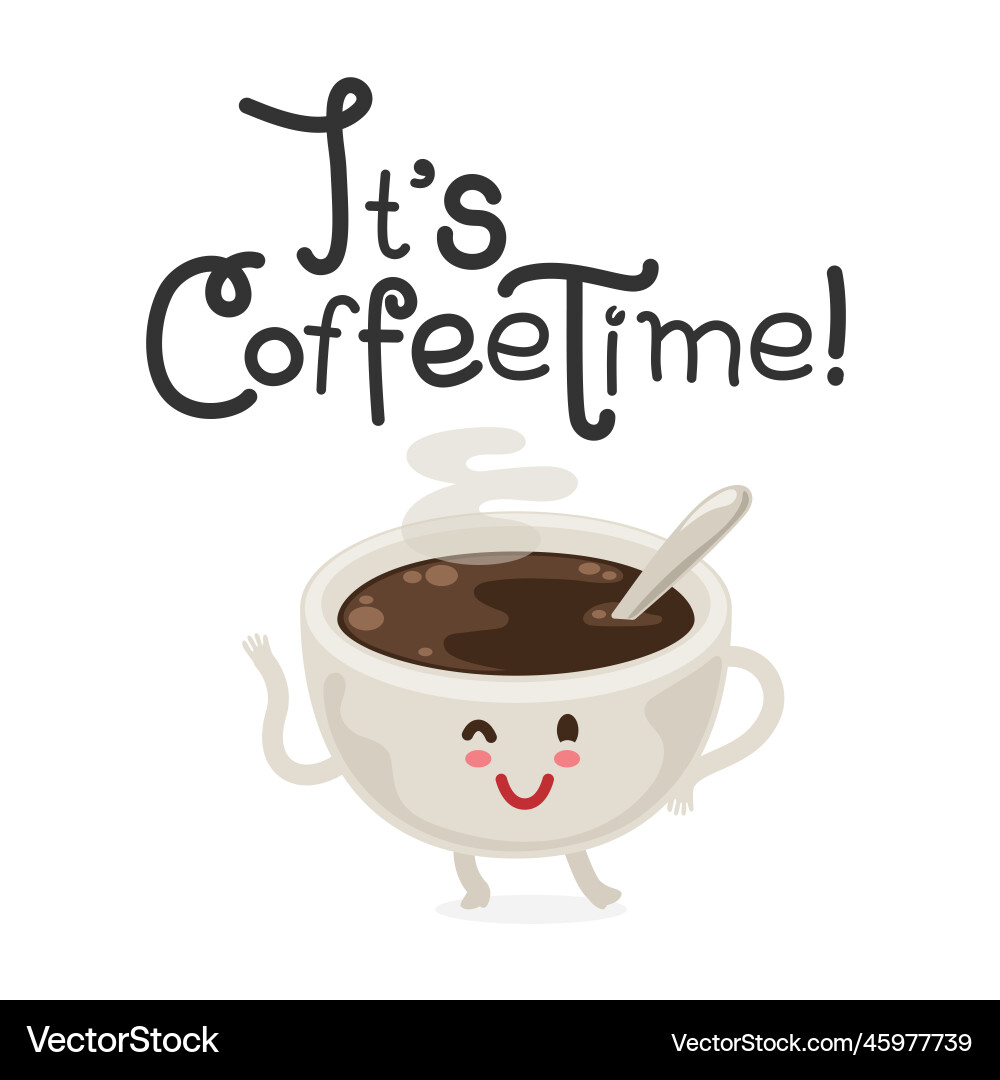 Coffee time lettering with cartoon mug Royalty Free Vector