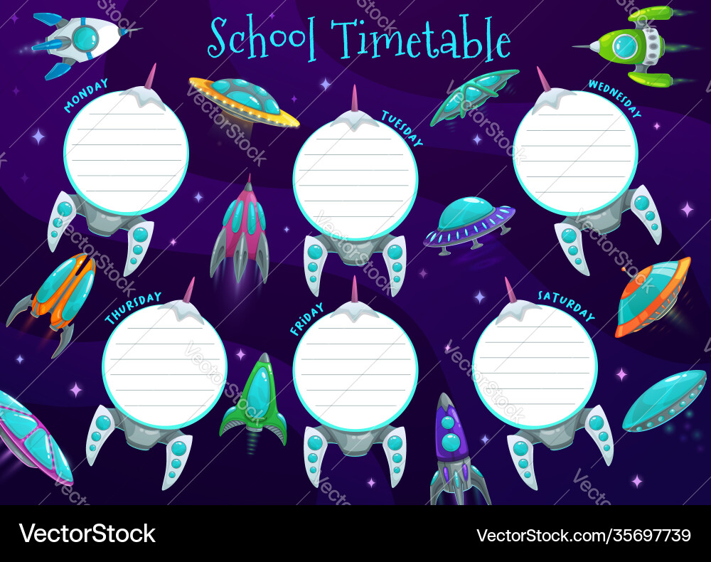 School timetable schedule with spaceship template Vector Image
