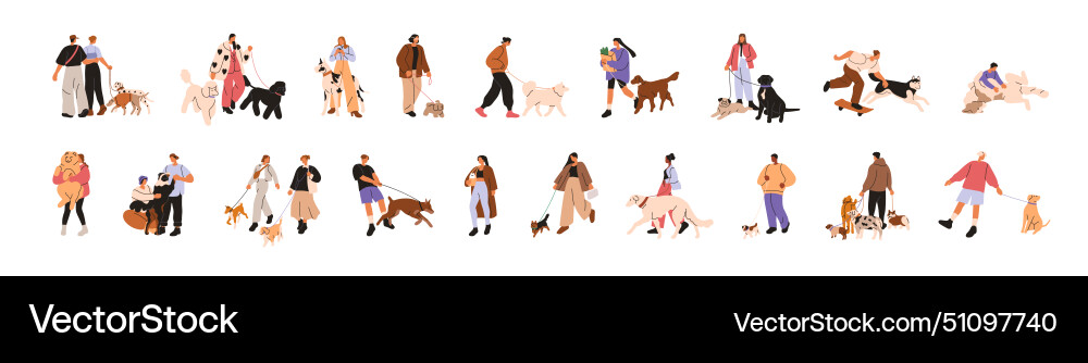 People walking with dogs pet owners leading Vector Image