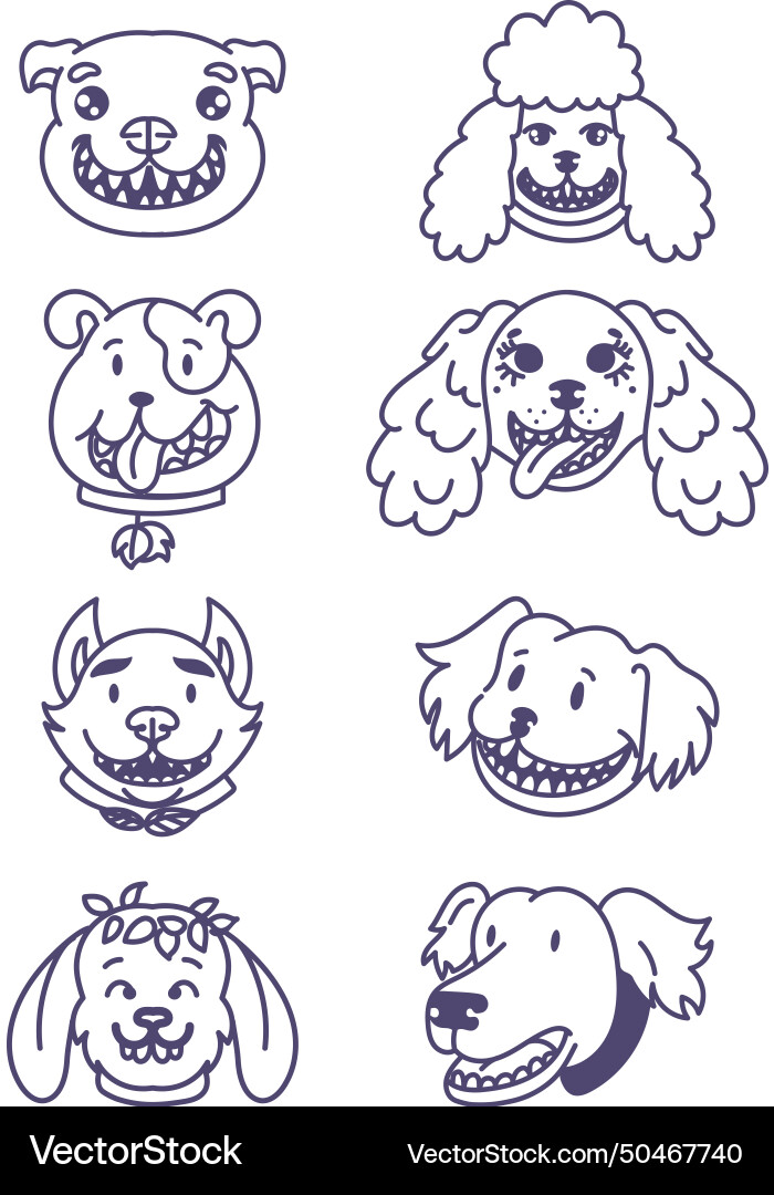Smiling dog faces line drawing collection Vector Image