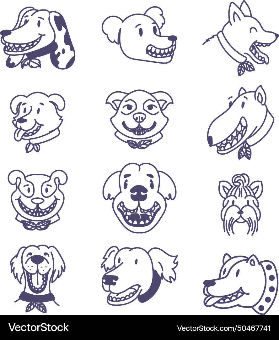 Happy dog faces line drawing set Royalty Free Vector Image