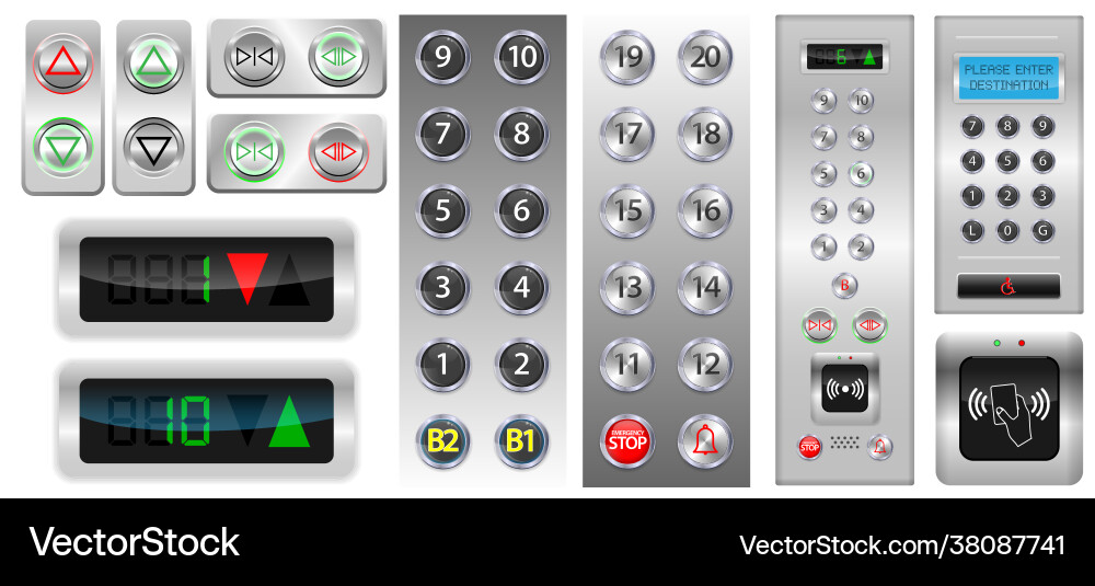 Realistic elevators buttons with chrome metal door