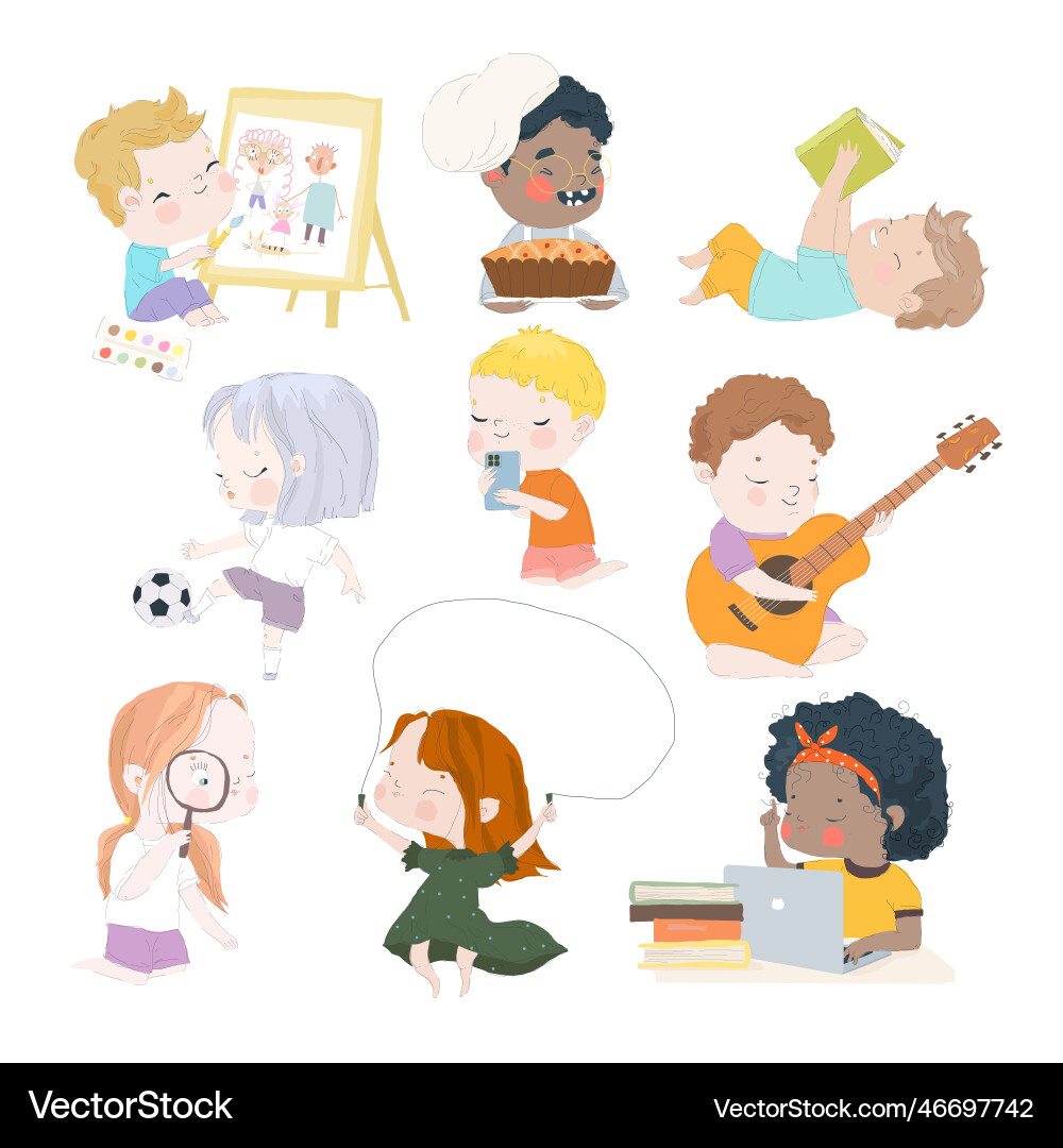 Happy cartoon kids engaged in different activities