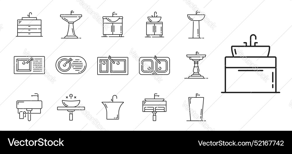 Kitchen sinks and bathroom basins line icons Vector Image