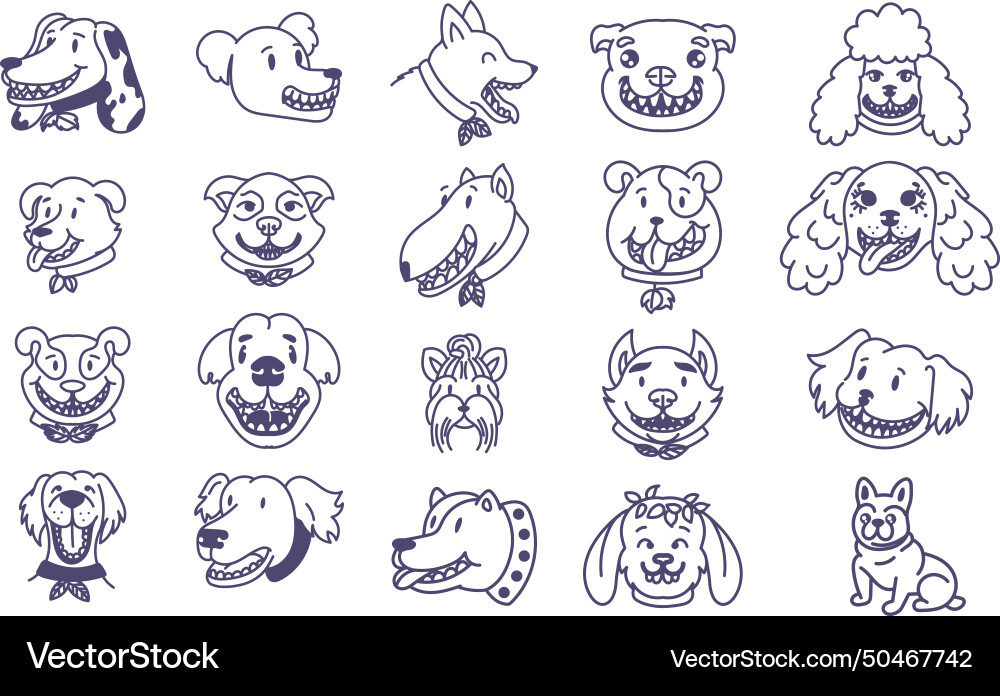 Smiling dog faces line drawing set Royalty Free Vector Image