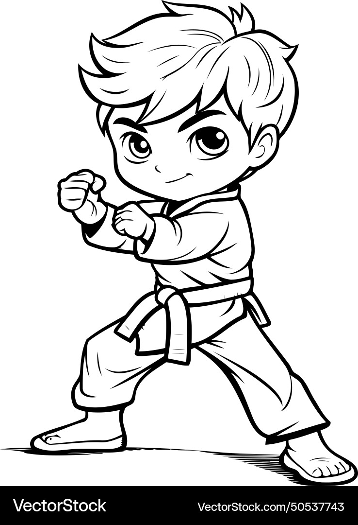 Karate boy - black and white cartoon art Vector Image