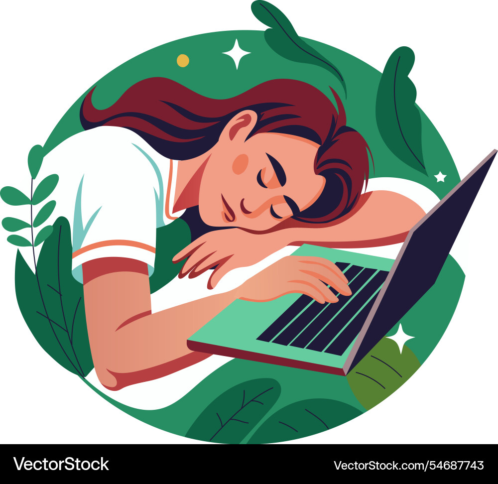 Tired employee sleeping with laptop flat Vector Image