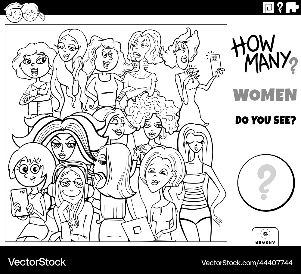 Counting cartoon women characters task coloring Vector Image