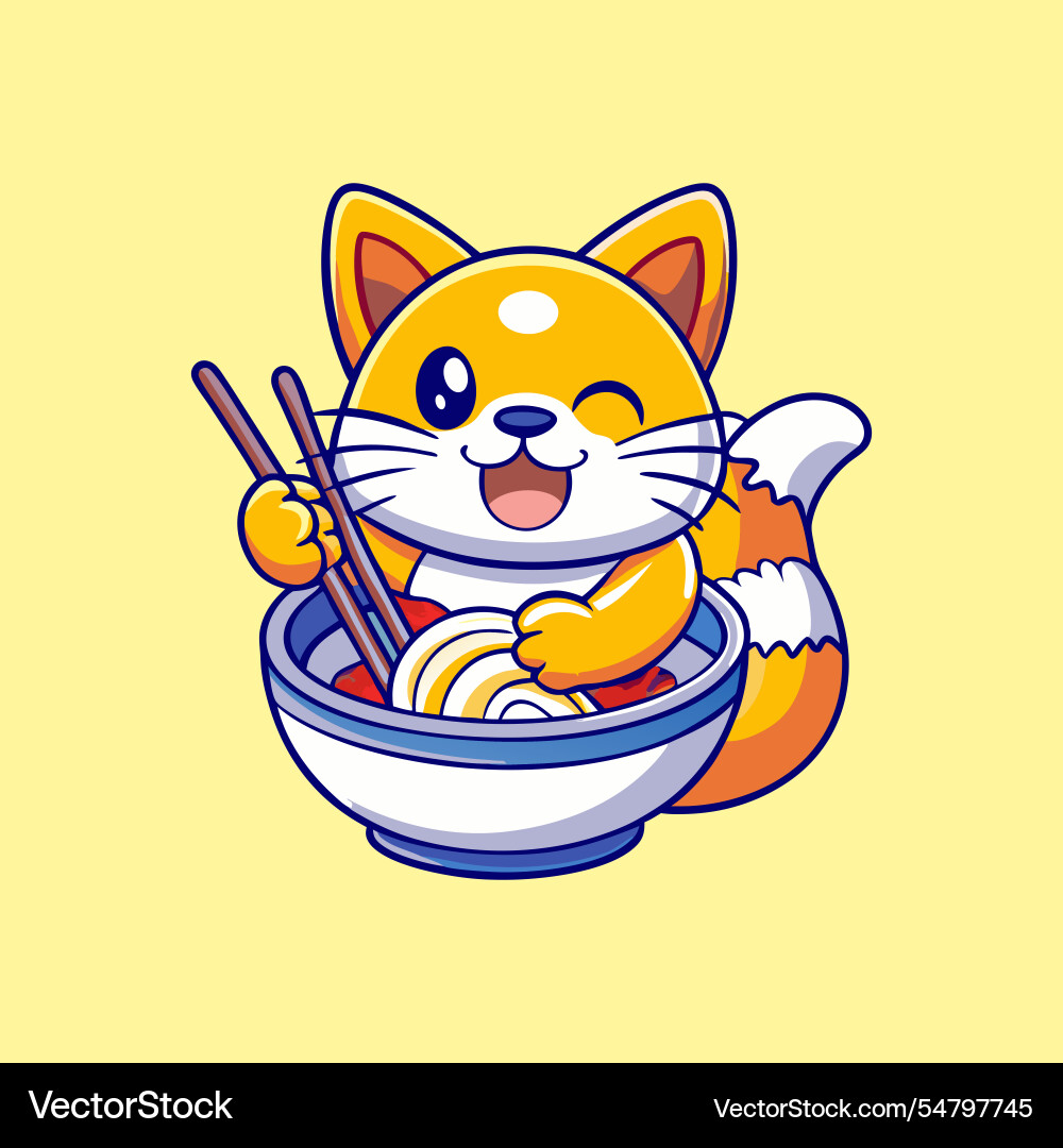 Cute fox character eating ramen noodles Royalty Free Vector