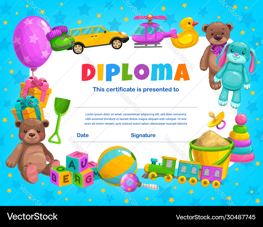 Kindergarten Diploma Certificate - Kids Theme Vector Image