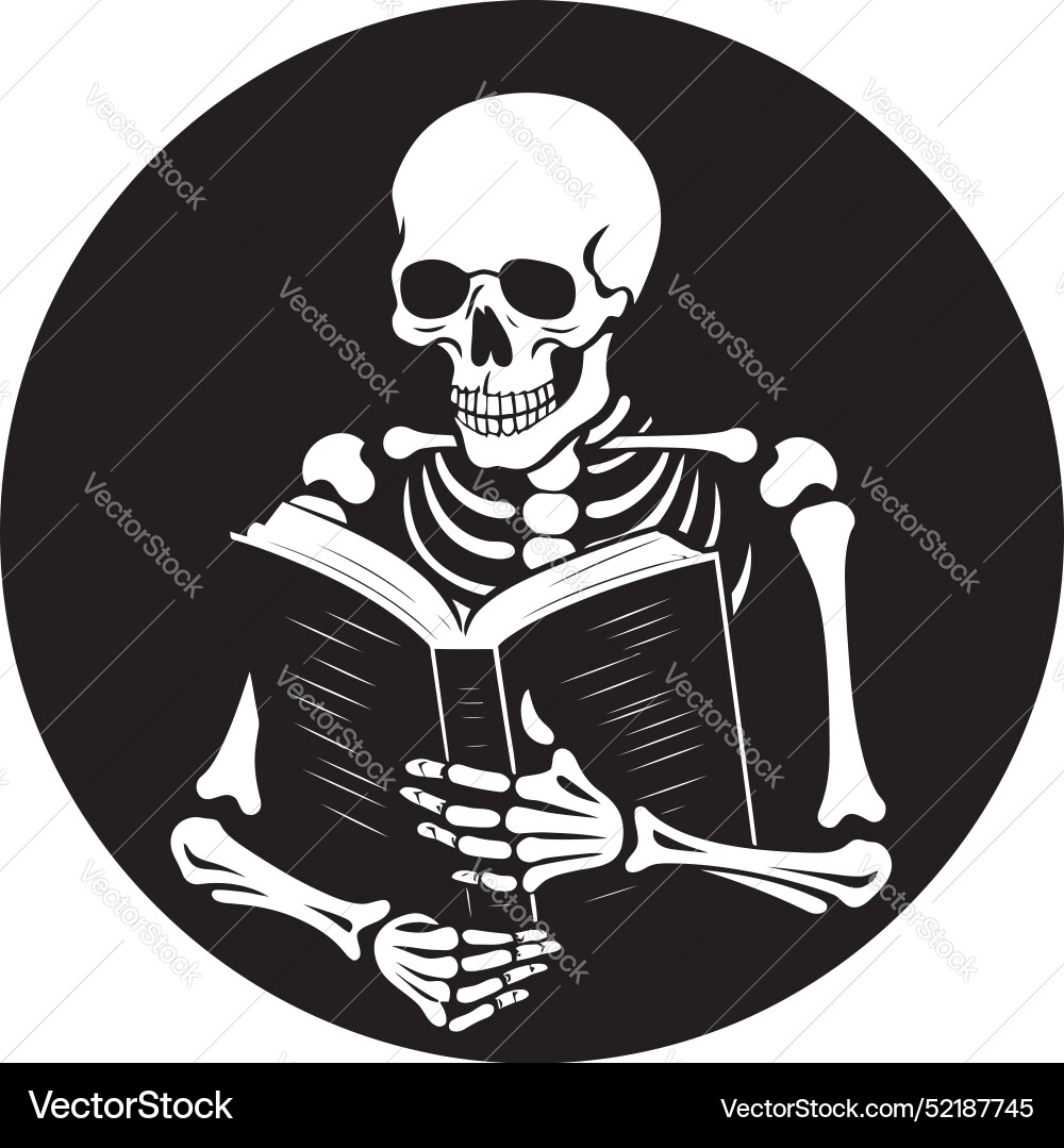 Skull and scrolls skeleton with book black logo Vector Image