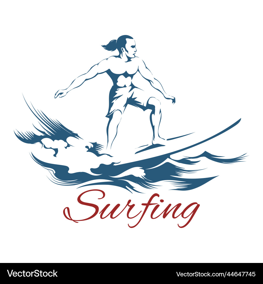 Surfing emblem with surfer riding on a board Vector Image