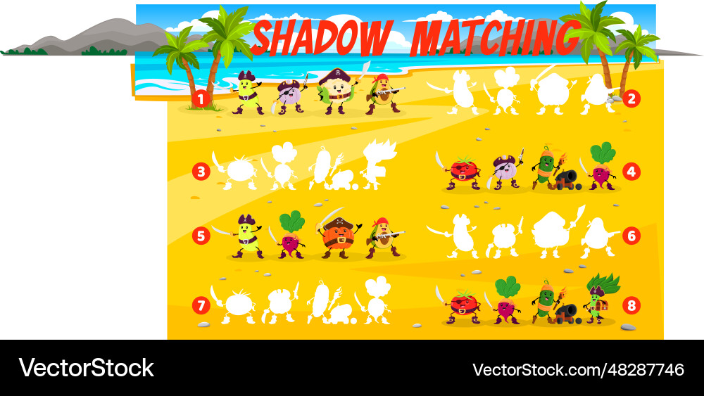 Shadow matching game cartoon vegetable pirates Vector Image