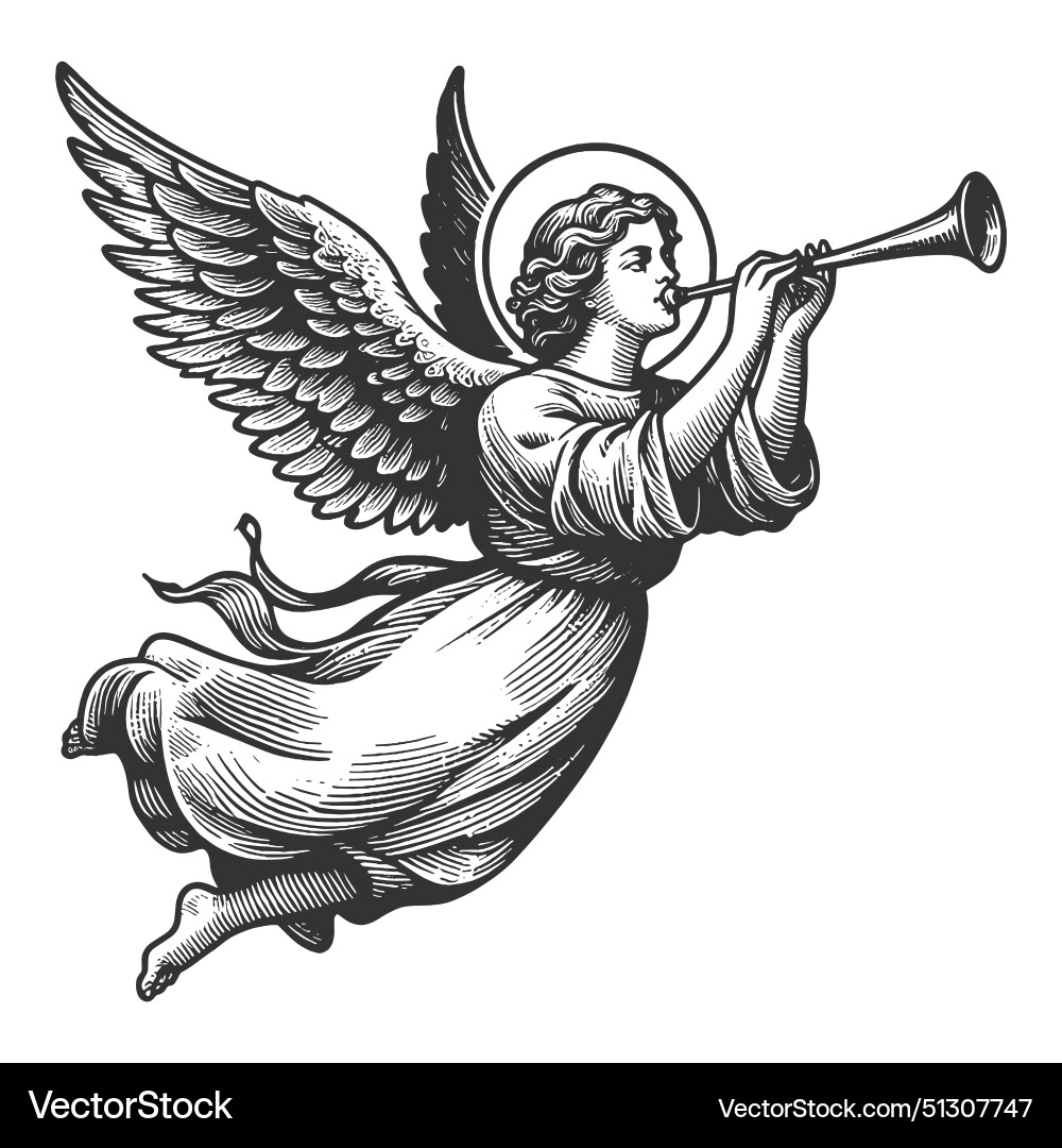 Angelic trumpeter with wings engraving Royalty Free Vector