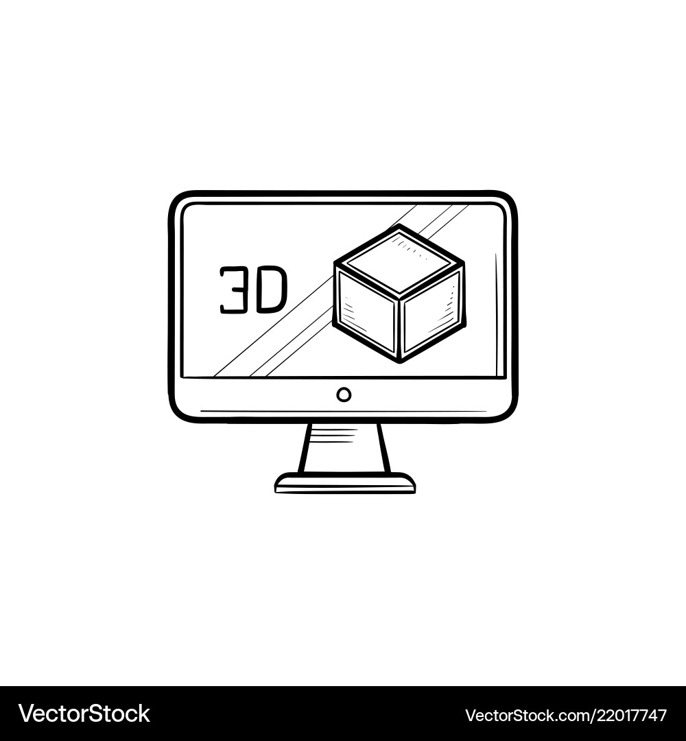 Computer monitor with 3d box hand drawn outline Vector Image