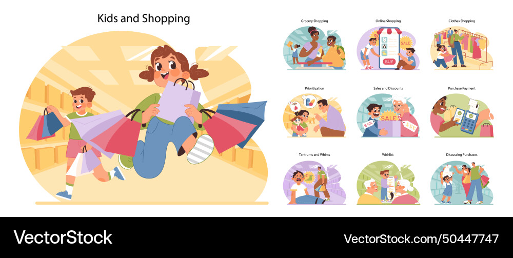 Kids and shopping set flat Royalty Free Vector Image