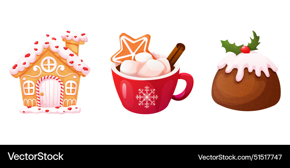 Set traditional pudding christmas cake Royalty Free Vector