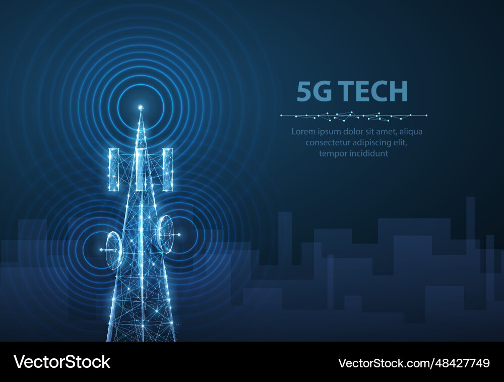 Abstract antenna mast on blue cityscape background