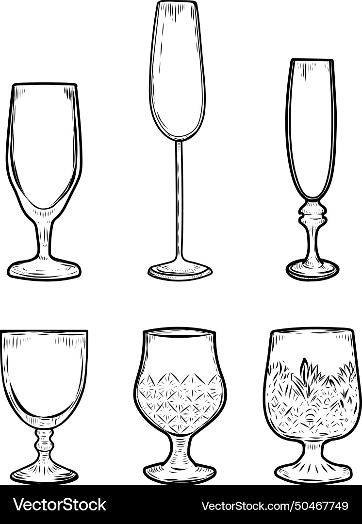 Alcohol glasses set line drawing Royalty Free Vector Image