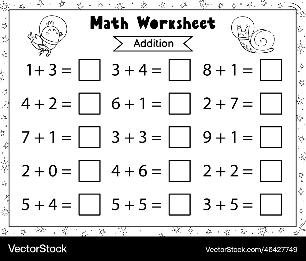 Math worksheet for kids addition and subtraction Vector Image